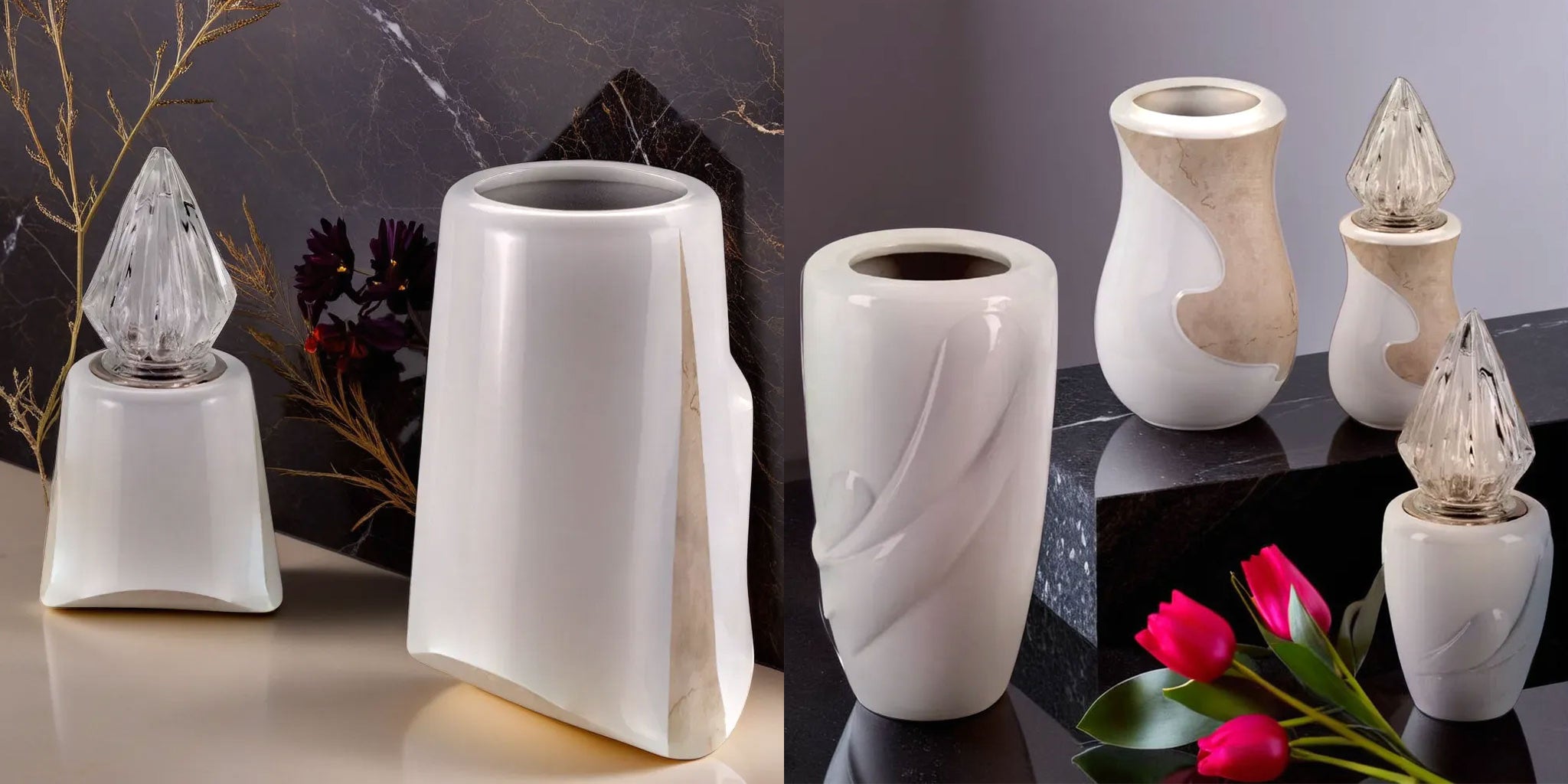 Collezioni di vasi, lampade e accessori in porcellana per lapidi e cim
